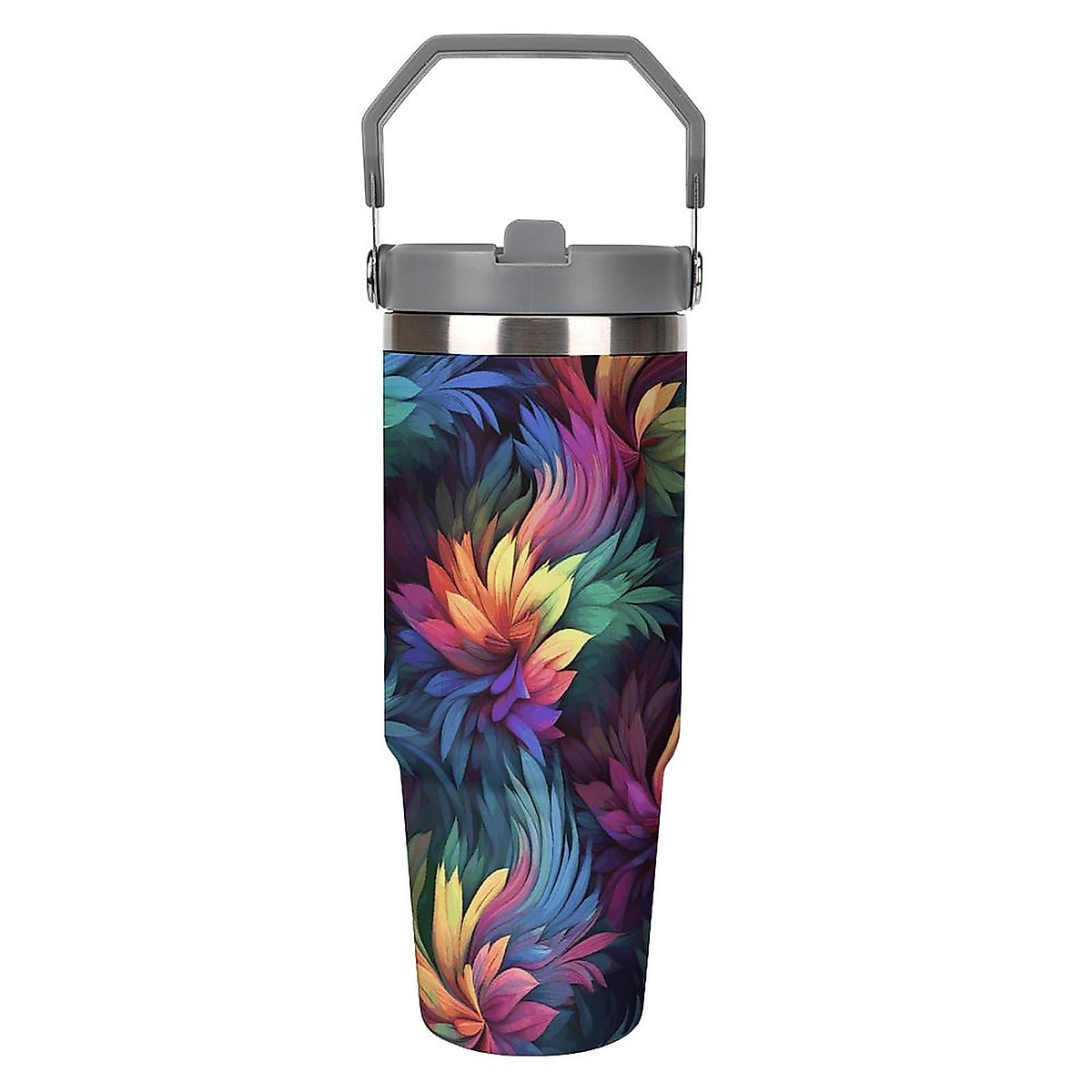 Colorful Flower Tumbler 30oz Large Capacity Car Cup with Handle Fit in Any Car Cup Holder Stainless Steel Leakproof Insulated Coffee Tumblers with Lid And Straw