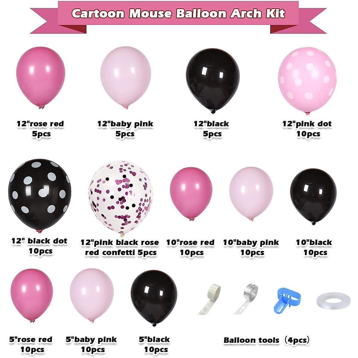 Pink Mouse Birthday Party Supplies - Pink Mouse Balloon Garland Arch Kit for Cartoon Mouse Theme Birthday Party Decorations for Girl, Pink Bow Foil Balloons and Banners for Baby Shower Party Supplies