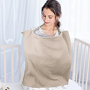 Muslin Nursing Cover for Baby Breastfeeding, Breathable Privacy Nursing Cover with Arch Neckline for Mom, Organic Cotton Multi-use Nursing Apron (Wheat)
