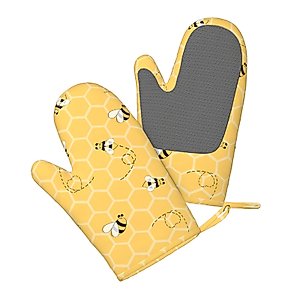 1 Pair Durable Funny Honey Bees Kitchen Silicone Oven Mitts, Yellow Beehive Heat Resistant Lining Fabric Pot Holder Gloves for BBQ Cooking Baking