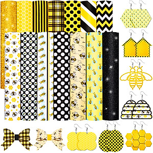 14 Pcs Faux Leather Sheets Summer Fruit Lemon Bee Printed Synthetic Leather Sheet Glitter Faux Leather Fabric Sheet for Earrings Headbands Making, 8.3 x 6.3 Inch(Bee)