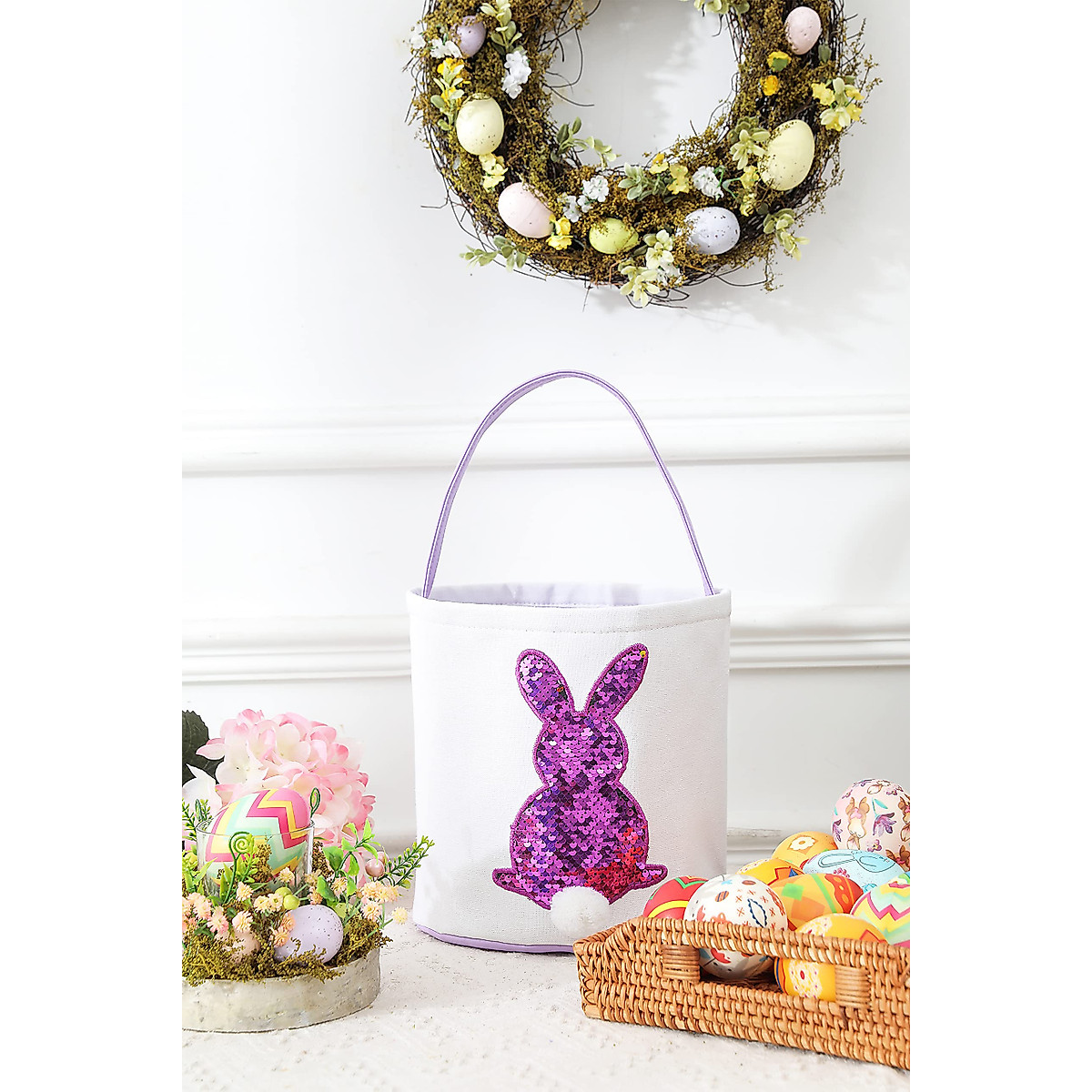 Easter Baskets for Kids - Boys and Girls Easter Egg Hunt Baskets, Cute Sequin Easter basketRabbit Bunny Printed Canvas Gift Basket for Baby, Easter Decorations Party Supplies (G-Purple and Pink)