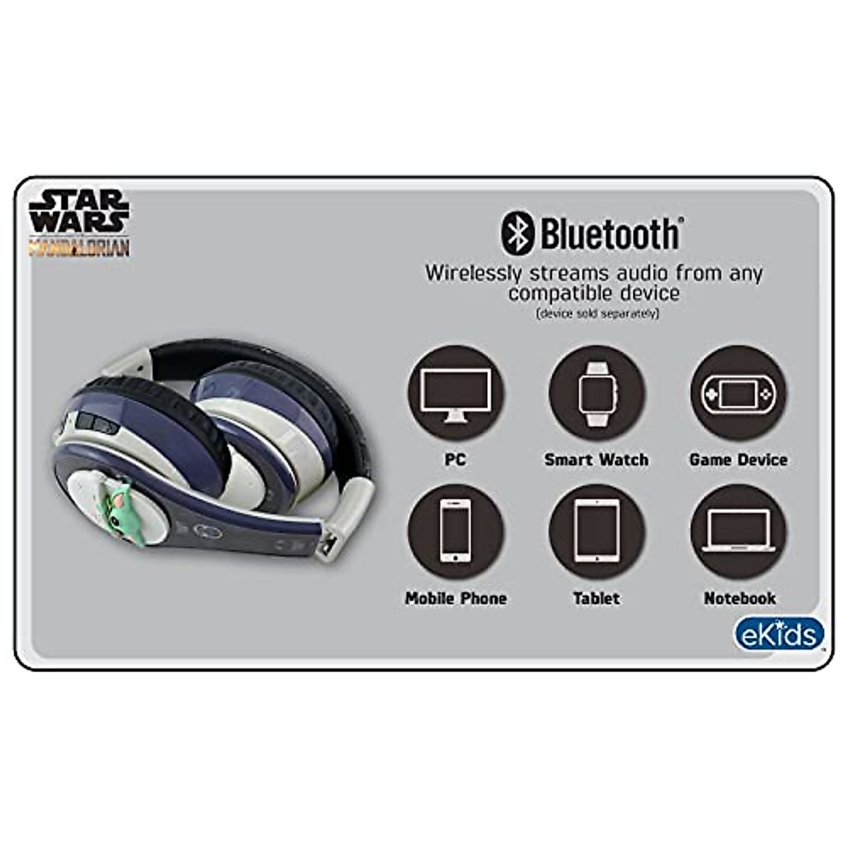 Star Wars The Child Kids Bluetooth Headphones, Wireless Headphones with Microphone Includes Aux Cord, Volume Reduced Kids Foldable Headphones for School, Home, or Travel