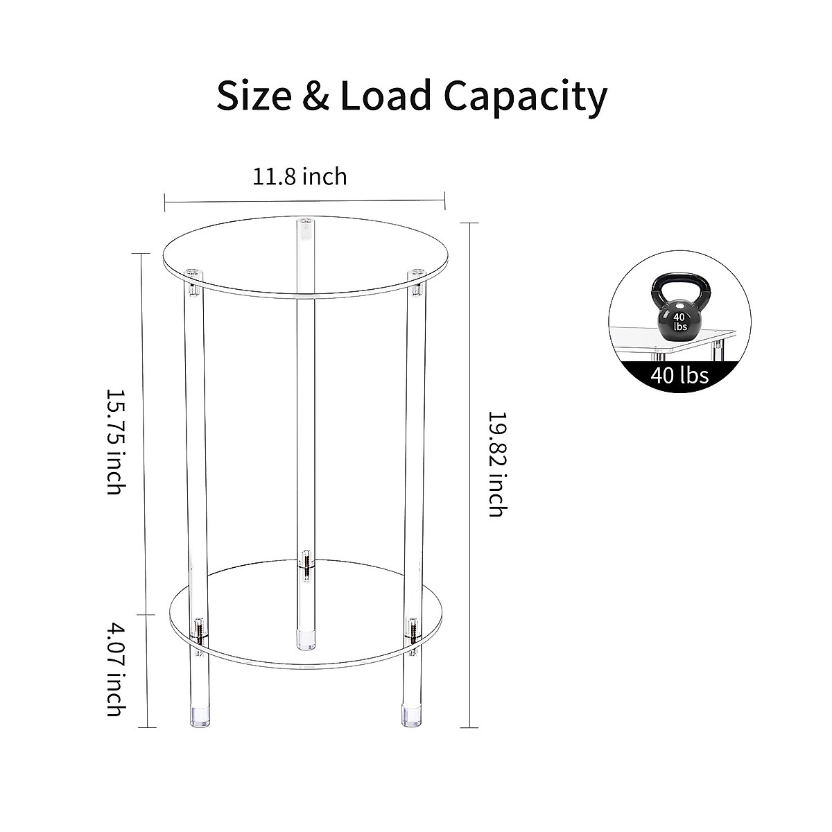 Bkemiy Clear Round Acrylic Side Table for Small Spaces, 11.81" L x 11.81" W x 19.82" H, 2 Tier Small Modern Drink End Table Nightstand, Minimalist Bedside Table for Living Room, Bedroom, Bathroom