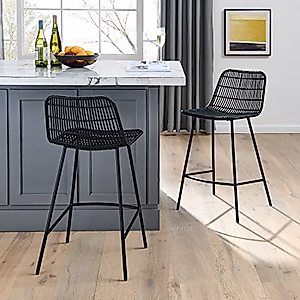 HABITRIO Counter Height Bar Stools Set of 2, Rattan Bar Chairs Bistro Stools with Steel Legs and Footrest, Black, Seat Height 25"