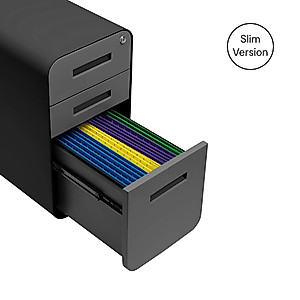 Laura Davidson Furniture Stockpile Slim 3-Drawer Mobile File Cabinet with Lock - Under Desk Metal Filing Cabinet, Legal/Letter File Folders, Wheels and Stationary Feet, Pre-Assembled, Black/Grey