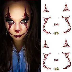 2 Pieces Face Gems Jewels Tattoos for Halloween, Day of the Dead Face Temporary Skull Tattoos Rhinestone Crystal Stones Body Gems Makeup Stickers for Halloween Festival Rave Party Outfit