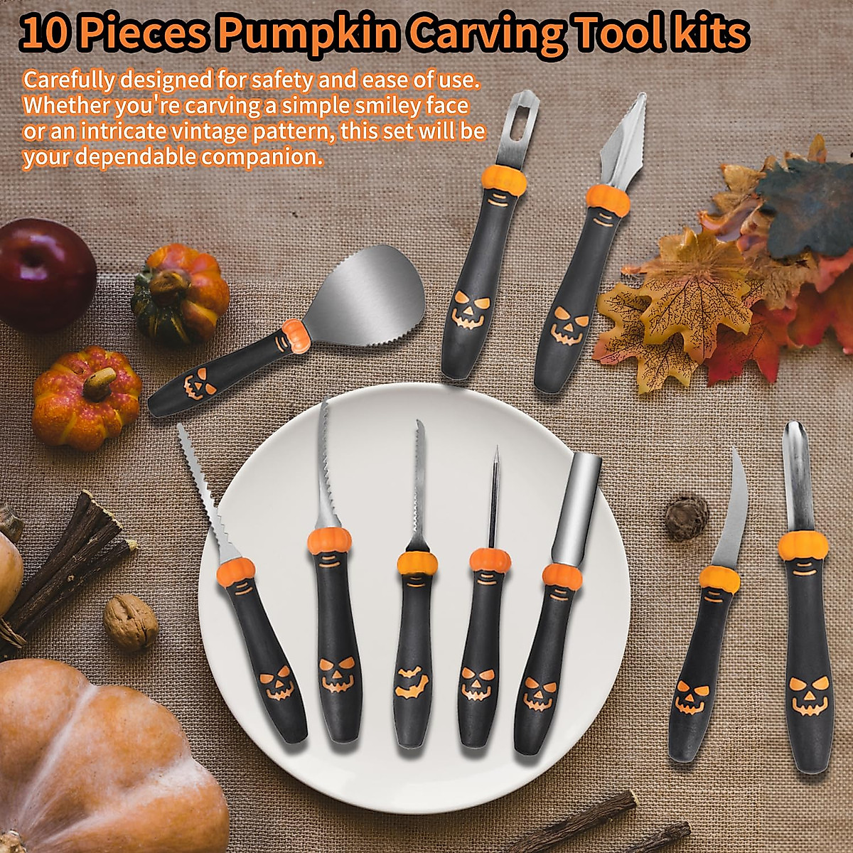 Halloween 10 Piece Pumpkin Carving Kit with Storage Bag, Stainless Steel Pumpkin Carving Tools Knife Set for Halloween Jack-O-Lantern DIY Decoration, Anti-Slip Rubber Handles,Gift for Halloween