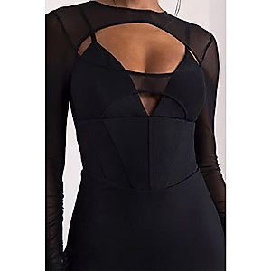 Uni Clau Women’s Sexy V Neck Mesh Patchwork Long Sleeve Mini Dress Criss Cross Backless Halter Neck Bodycon Party Clubwear Night Club Skinny Dresses Black L