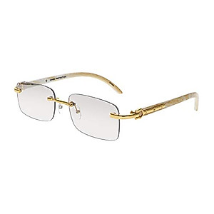 FLAWLESS EYEWEAR Retro Wood Buffs Vintage Style Gangster Rimless Clear Lens Rectangular Metal & Wood Eye Glasses (Cream-Gold/Tinted Clear Lens)