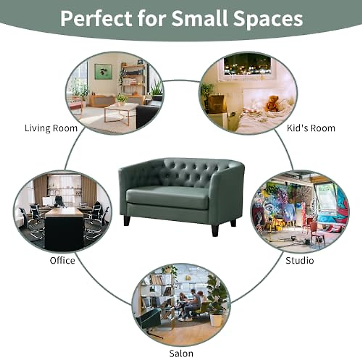 Husbedom 50 Inches Loveseat, Small Air Leather Couch for Small Spaces, Mini Sofa with Button Tufted Décor for Bedroom, Love Seats Furniture, Living Room, Bedroom, Apartment, Dorm, Grey Green