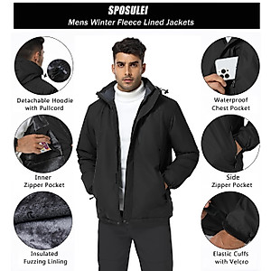 SPOSULEI Winter Jackets Coats for Men Waterproof Fleece Liner Softshell Jacket Ski Hiking Snow Jackets Parka Coat with Hooded Black 2XL