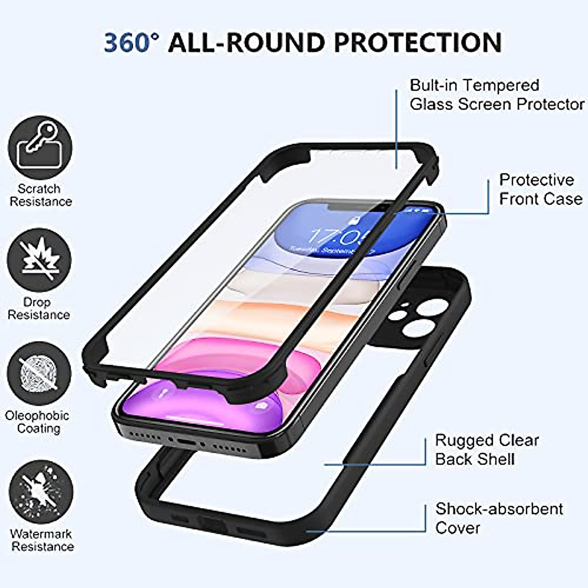 Urarssa Compatible with iPhone 11 Case Full Body Clear Design with Built-in Screen Protector Shockproof Anti-Scratch Rugged Phone Case 360 Protective Cover for iPhone 11 6.1 inch, Black