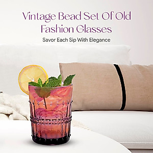 American Atelier Vintage Old Fashion Whiskey Glasses, 10 Oz, Romantic Water Tumblers, Barware Glasses for Scotch, Bourbon, or Cocktails, Embossed Purple Beaded Glasses-Set of 4