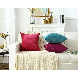 Jeneoo Decorative Fuschia Pink Throw Pillow Covers Rustic Farmhouse Super Soft Square Chenille Comfy Solid Cushion Couch Cases for Sofa Bedroom Chair (Set of 2, 18 x 18 Inches)