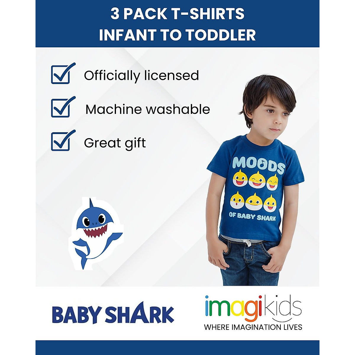 Pinkfong Baby Shark Daddy Shark Mommy Shark Infant Baby Boys 3 Pack Graphic T-Shirts Blue/Grey 24 Months