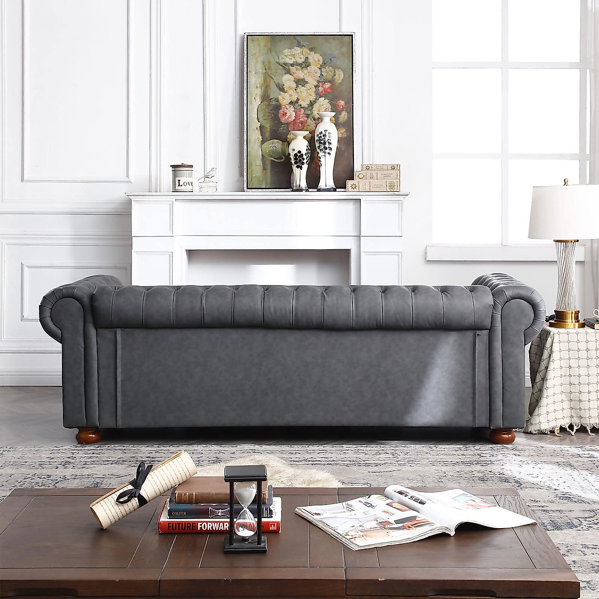 Neylory Leather Couches for Living Room, 3 Seater Classic Chesterfield Sofa Couch with Button Tufted Back and Roll Arms, 88.5-Inch Faux Leather Sofa with Nailhead Trim and Solid Wood Legs