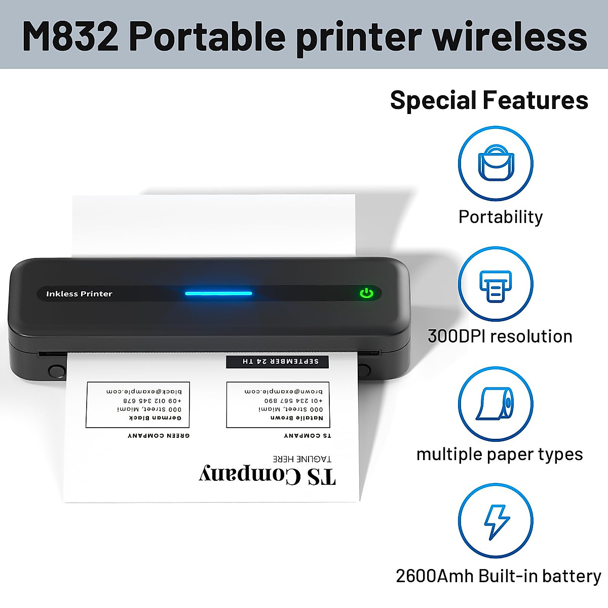 Portable Printer Wireless for Travel,M832 Bluetooth Printer Support 8.5" X 11" US Letter, Inkless Thermal Compact Printer Compatible with Android and iOS Phone & Laptop