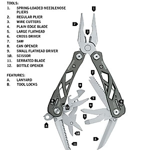 Gerber Gear Suspension 12-in-1 Needle Nose Pliers Multi-tool - Multi-Plier, Wire Cutter, Crosspoint and Flathead Screwdriver Set, Small Scissors - EDC Gear and Equipment - Gifts for Men - Gray