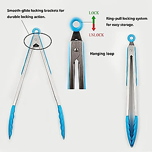 Stainless Steel Kitchen Locking Food Tongs Set, tongs for cooking with Silicone Tips, kitchen tongs with silicone tips-Slip Grip, silicone tongs for cooking