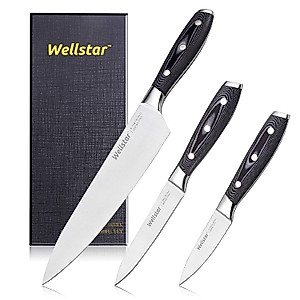 WELLSTAR Kitchen Knife Set 3 Piece, Razor Sharp German Steel Forged Blade with Professional G10 Handle, Chef Utility Paring Knife Well Balanced Cutlery Set for Cutting Chopping and Dicing - Gift Box