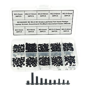 MCMASKE 10 Kinds M2 M2.5 M3 Undercut Flat Head Phillips Laptop Screws Assortment Kit,Black Dacromet Finish (300)