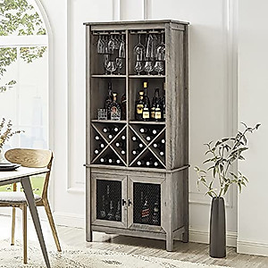 Home Source Bar Cabinet Bookshelf with Wire Mesh Doors in Stone Grey