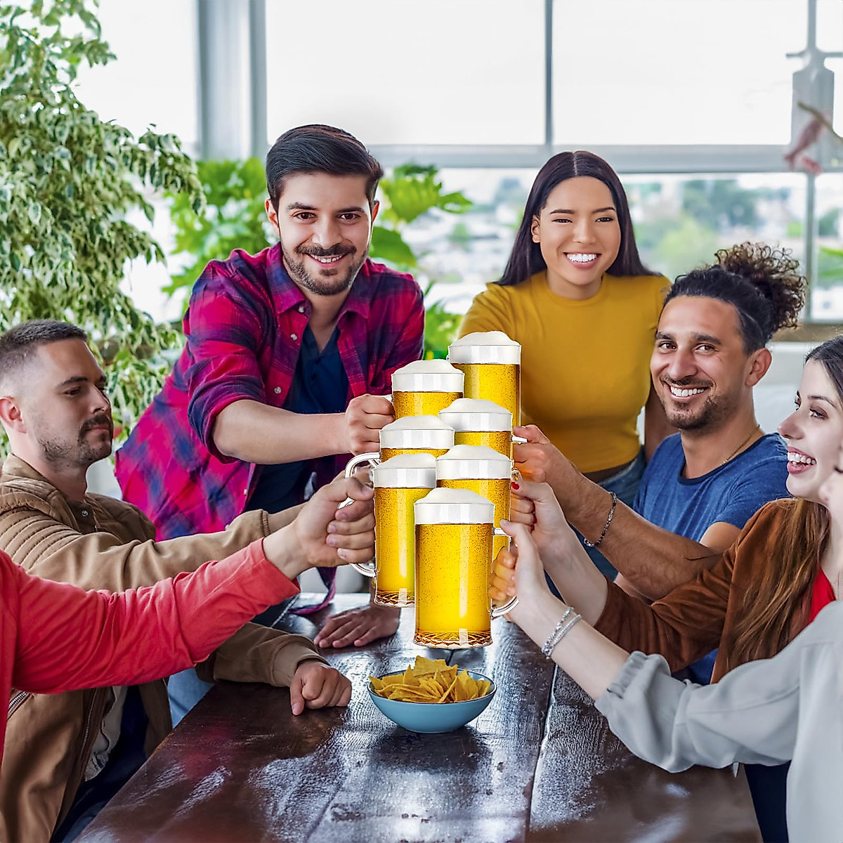 ZEAYEA Set of 6 Plastic Beer Mug, 16 oz Acrylic Beer Drinking Cups with Handle, Clear Reusable Beer Stein Glasses for Party Bar Home Hotel Whiskey Juice Cocktail Beverages