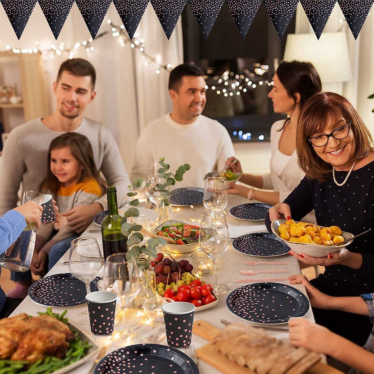 Black and Rose Gold Party Supplies 169 Pieces, Rose Gold Dot Black Paper Plates, Napkins, Cups, Cutlery, Banner for Graduation, Birthday, Cocktail Party, Retirement Party, Serve 24