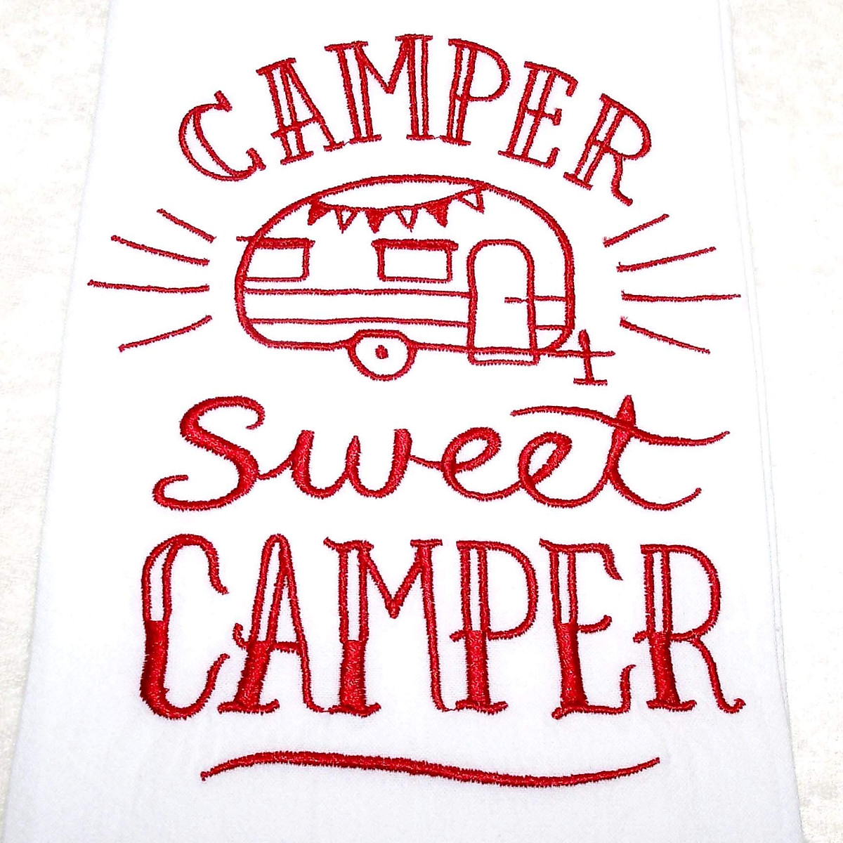 RV Camping Decor - Embroidered Flour Sack Towel - Red on White - Camper Sweet Camper - Handmade by Green Acorn Kitchen