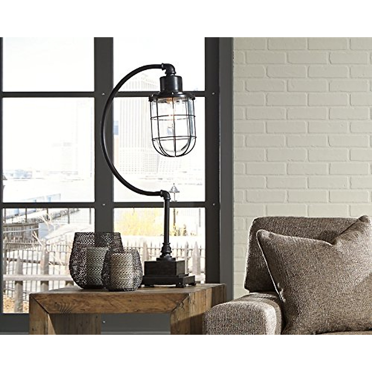 Signature Design by Ashley Jae Industrial 33.25" Metal Desk Lamp with Glass Shade, Black with Antique Finish