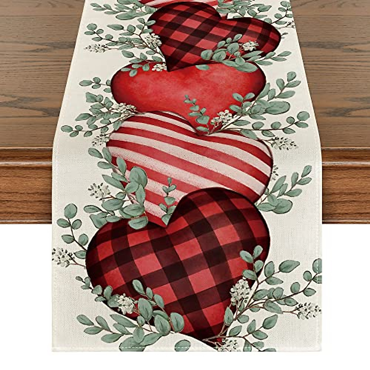 Artoid Mode Eucalyptus Hearts Mother's Day Table Runner, Holiday Kitchen Dining Table Decoration for Home Party Indoor 13x72 Inch