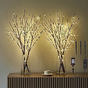LITBLOOM Lighted Brown Willow Branches with Timer and Dimmer 2 Sets Tree Branch with Warm White Lights for Holiday and Party Decoration 32IN 150 LED Waterproof Plug in