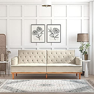 Mr. Kate Stella 80 Inch Futon Sofa Bed, Modern Upholstered Couch Sleeper with Button Tufted Back and Wood Trim, Tan