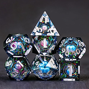 AUSPDICE DND Dice Set Handcrafted Designer 7-Die Polyhedral RPG Dice with Sharp Edges and Beautiful Inclusions for Aesthetic Conscious Tabletop RPG Player Galaxy Series (Dark Color)