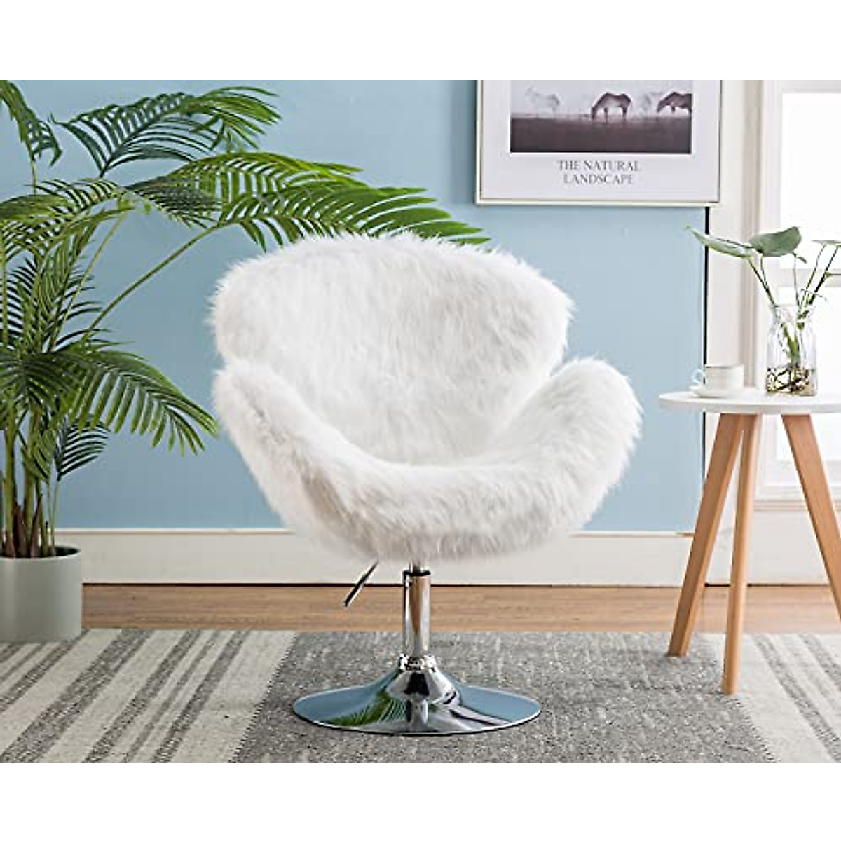 Kmax Faux Fur Accent Chair, Height Adjustable Plush Vanity Stool for Bedroom, Shaggy Dog Shell Chair for Dorm/Living Room, White