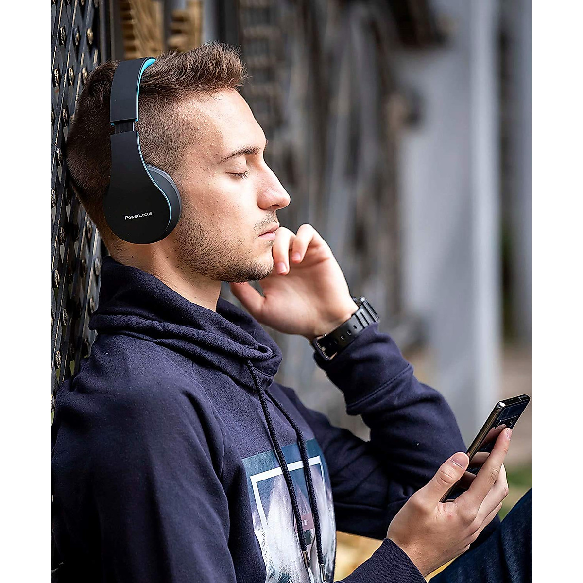 PowerLocus Wireless Bluetooth Over-Ear Stereo Foldable Headphones, Wired Headsets with Built-in Microphone for iPhone, Samsung, LG, iPad (Black/Blue)