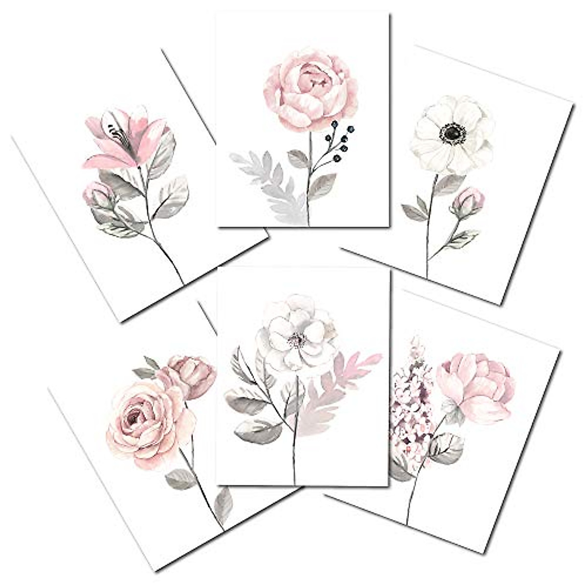 Lambs & Ivy Watercolor Floral Unframed Nursery Child Wall Art 6pc - Pink/Gray