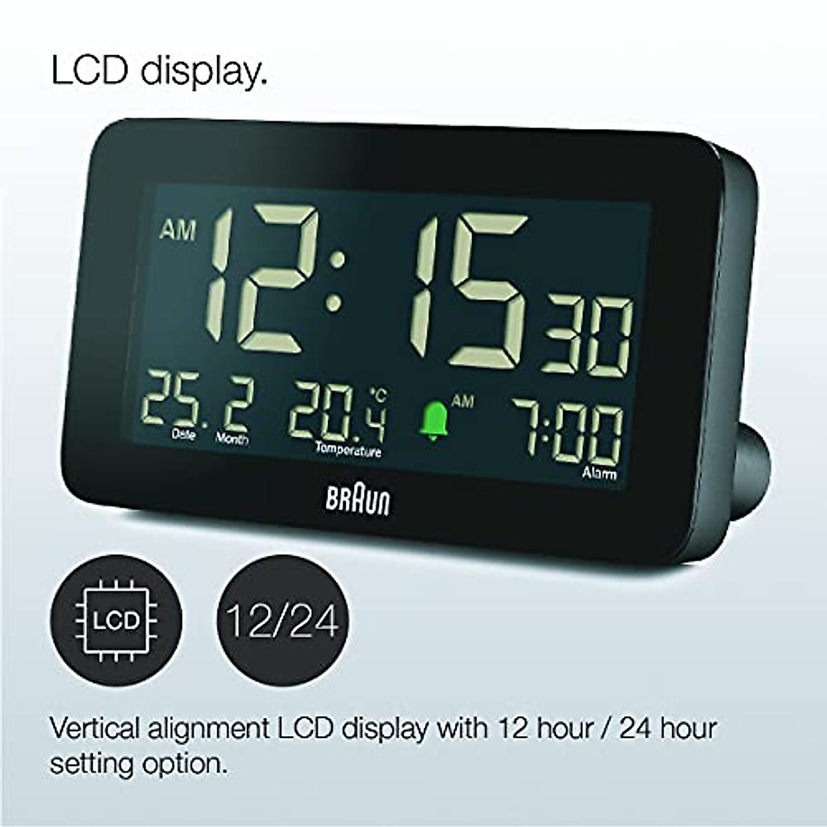 Braun Digital Alarm Clock with Date, Month and Temperature Displayed, Negative LCD Display, Quick Set, Crescendo Beep Alarm in Black, Model BC10B.