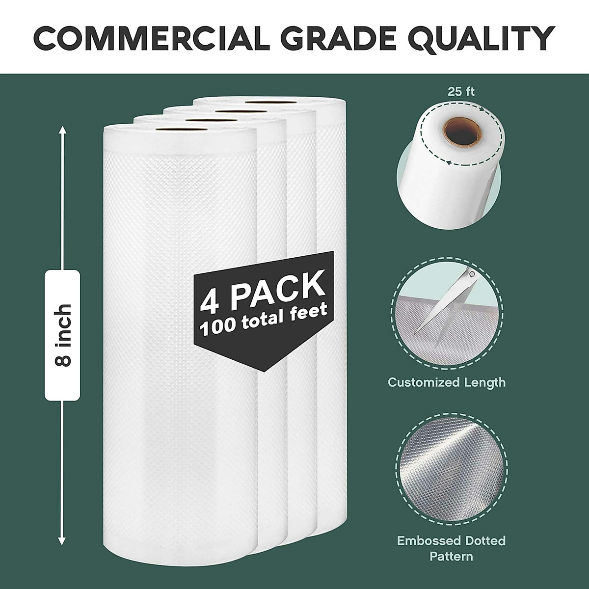 Avid Armor - Vacuum Seal Rolls, Vac Seal Bags for Food Storage, Meal Saver Freezer Vacuum Sealer Bags, Sous Vide Bags Vacuum Sealer, Non-BPA Vacuum Sealer Bags, 8 inches by 25 feet, Pack of 4