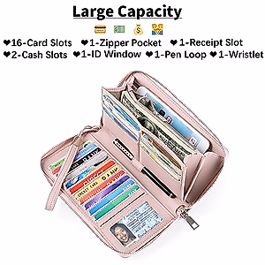 GOIACII Womens Wallet RFID Blocking Leather Zip Around Wallet Large Capacity Long Purse Credit Card Clutch Wristlet