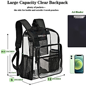 KUI WAN Clear Backpacks for School Large Clear Bookbag with Multi-Pockets PVC Transparent Backpack for College,Clear Black