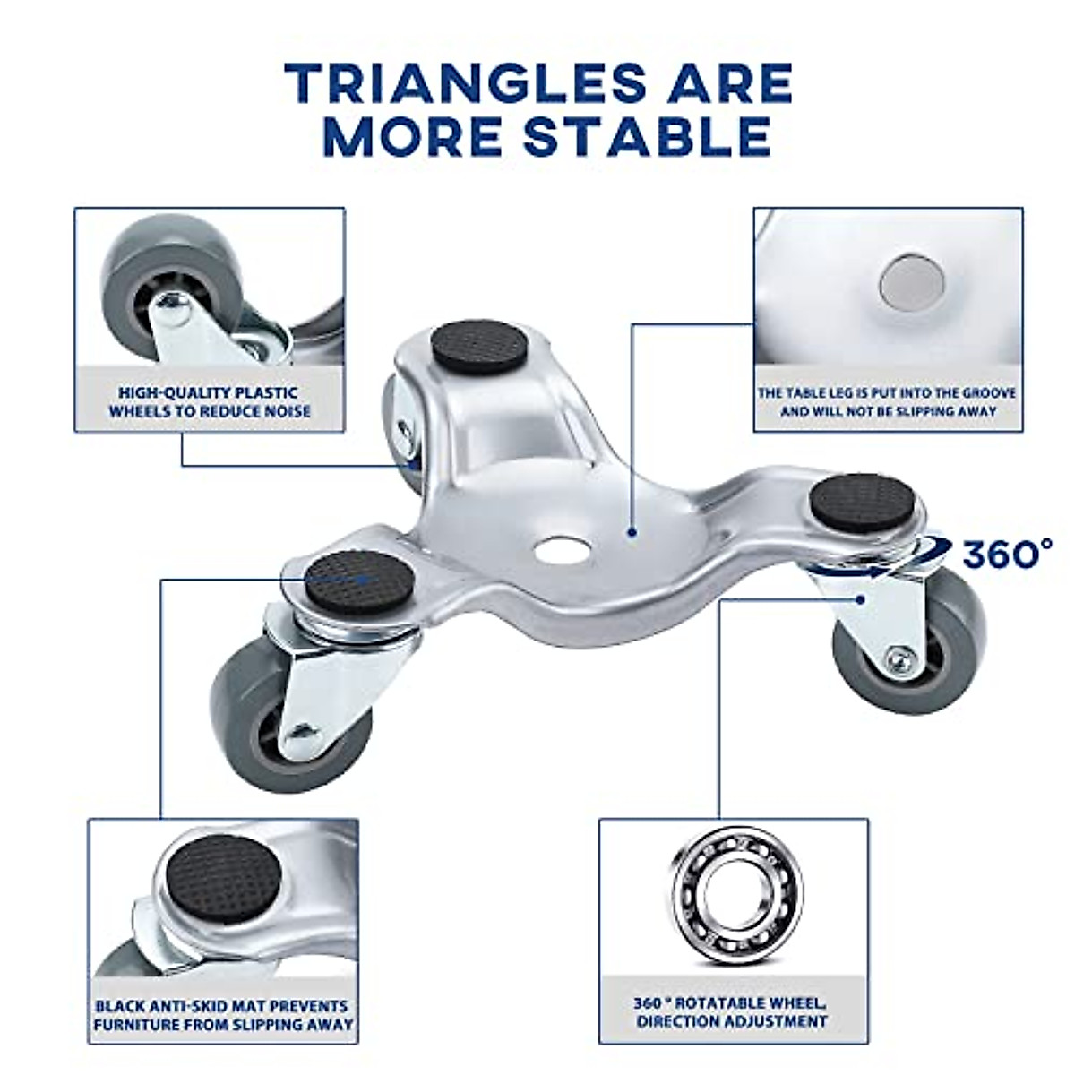 Insdawn Furniture Dolly,Furniture Sliders with Lifter, Moving Dollies with Wheels Heavy Duty 500 LB Load Capacity, 6-Inch Steel Tri-Dolly, 3 Wheel Roller Move Tools Lifting Equipment, 4 Pack, Sliver