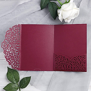 YIMIL 20 Pcs 5.12 x 7.21 inch Tri-fold Laser Cut Wedding Invitation Pocket for Wedding Quinceanera Bridal Shower Baby Shower Party Invite (Burgundy)