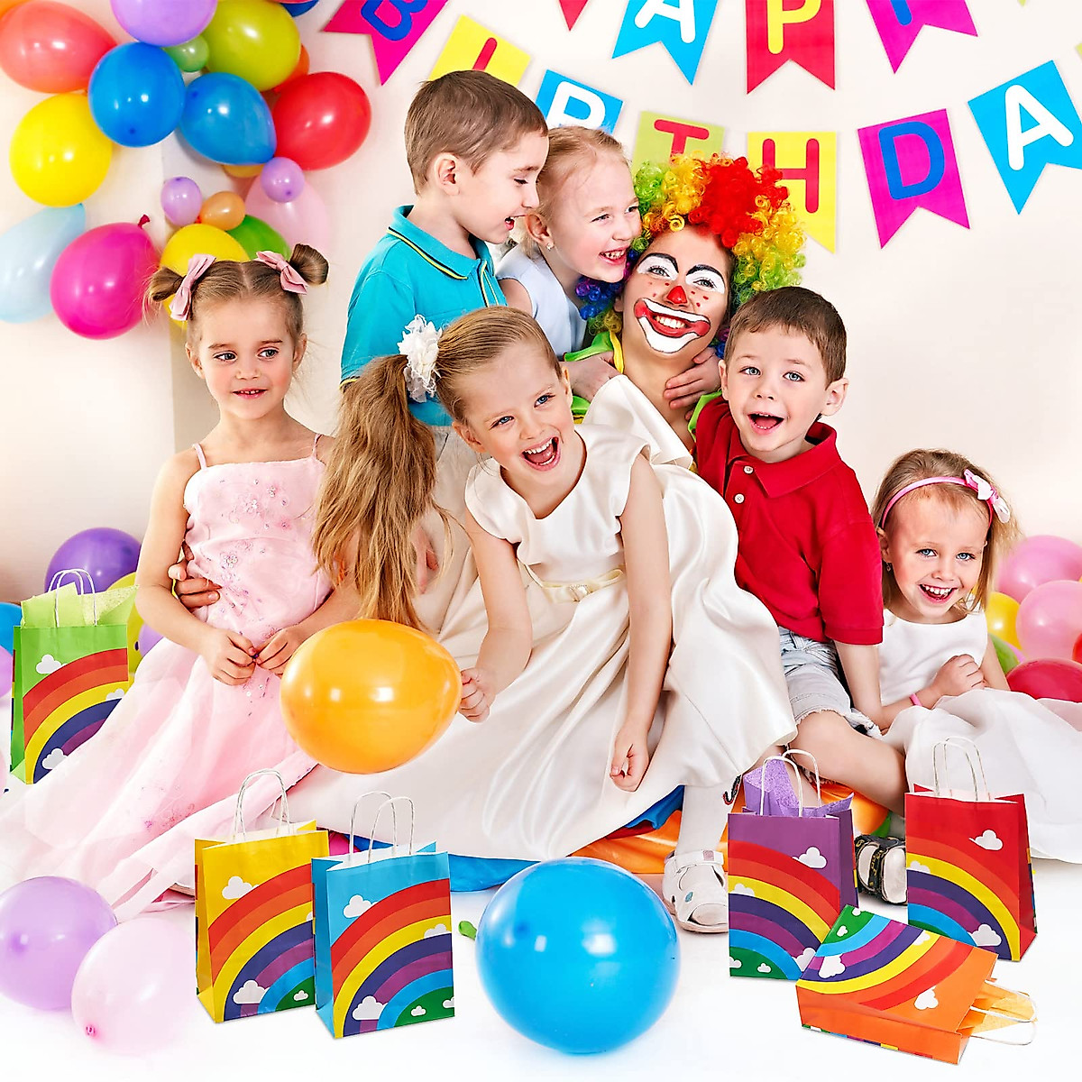 Chrisfall 24 Pcs Party Favors Bags with 30 Pcs Tissue Paper, Kraft Paper Bags with Handles Wrap Goodie Bags for Birthdays, Easter, Weddings, Mother's Day, Baby Showers (Rainbow Pattern)