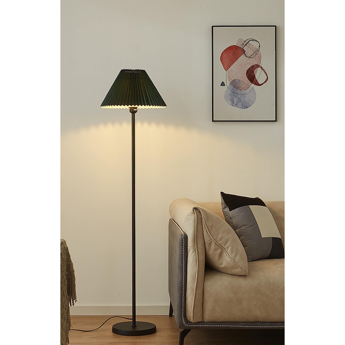 Black Pole Floor Lamp Simple Design Tall Lamp with Dark Green Shade Standing Lamp with LED Bulb for Living Room and Bed Room