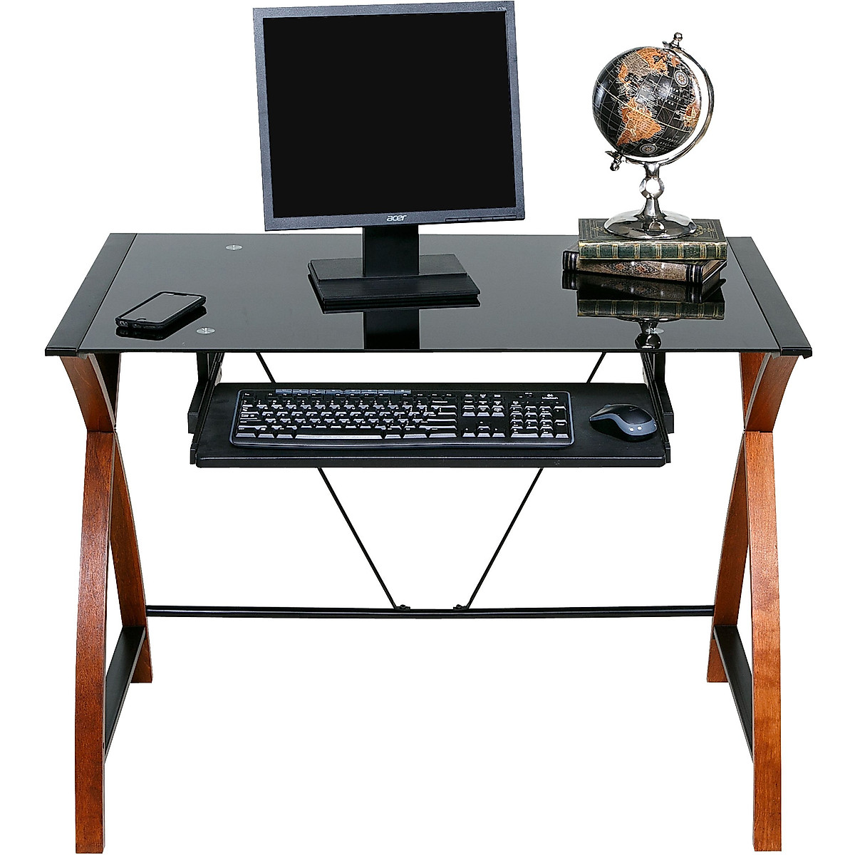 OneSpace Glass and Wood Computer Desk with Pullout Keyboard Tray and Black Glass Desktop, Black/Brown