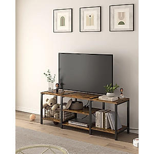 Hzuaneri TV Stand with Charging Station for TVs up to 65 Inches, 3 Tier Media TV Entertainment Center with Storage Shelf, Industrial TV Console Table for Living Room, Bedroom, Rustic Brown and Black