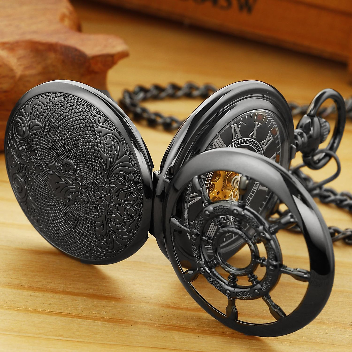 Whodoit Men's Mechanical Pocket Watch Black Rudder Pattern Double Open Hollow Roman Numerals Pocket Watch