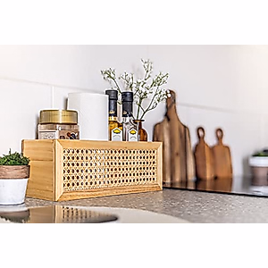 Wood Floating Shelf Rattan Shelve Wall Décor with Towel Rack for Kitchen - Bathroom - Living Room - Laundry Room & Bedroom - Wood Floating Shelves for Wall - Natural Wood Shelves - Rattan Wall Shelf